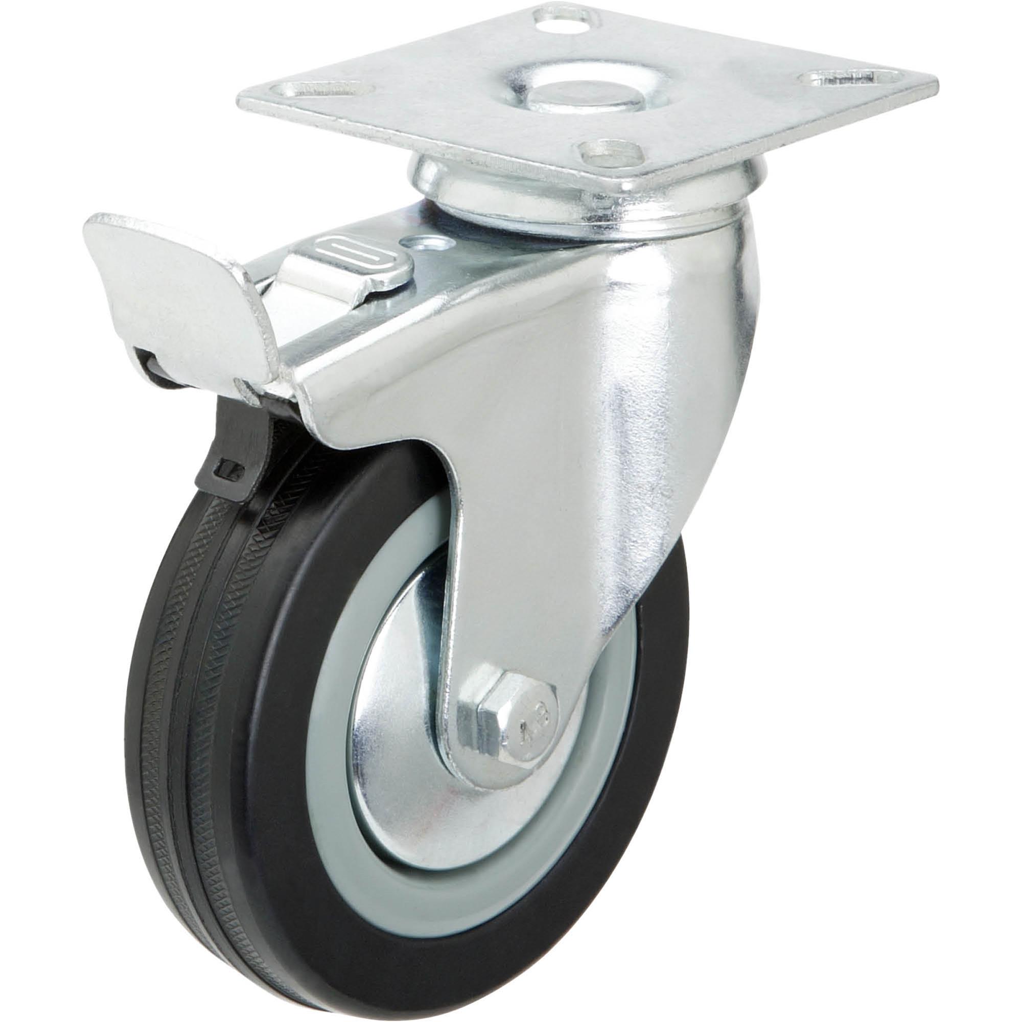 4" Black Rubber Swivel Hooded Caster, Plate Mount with Double Lock ...